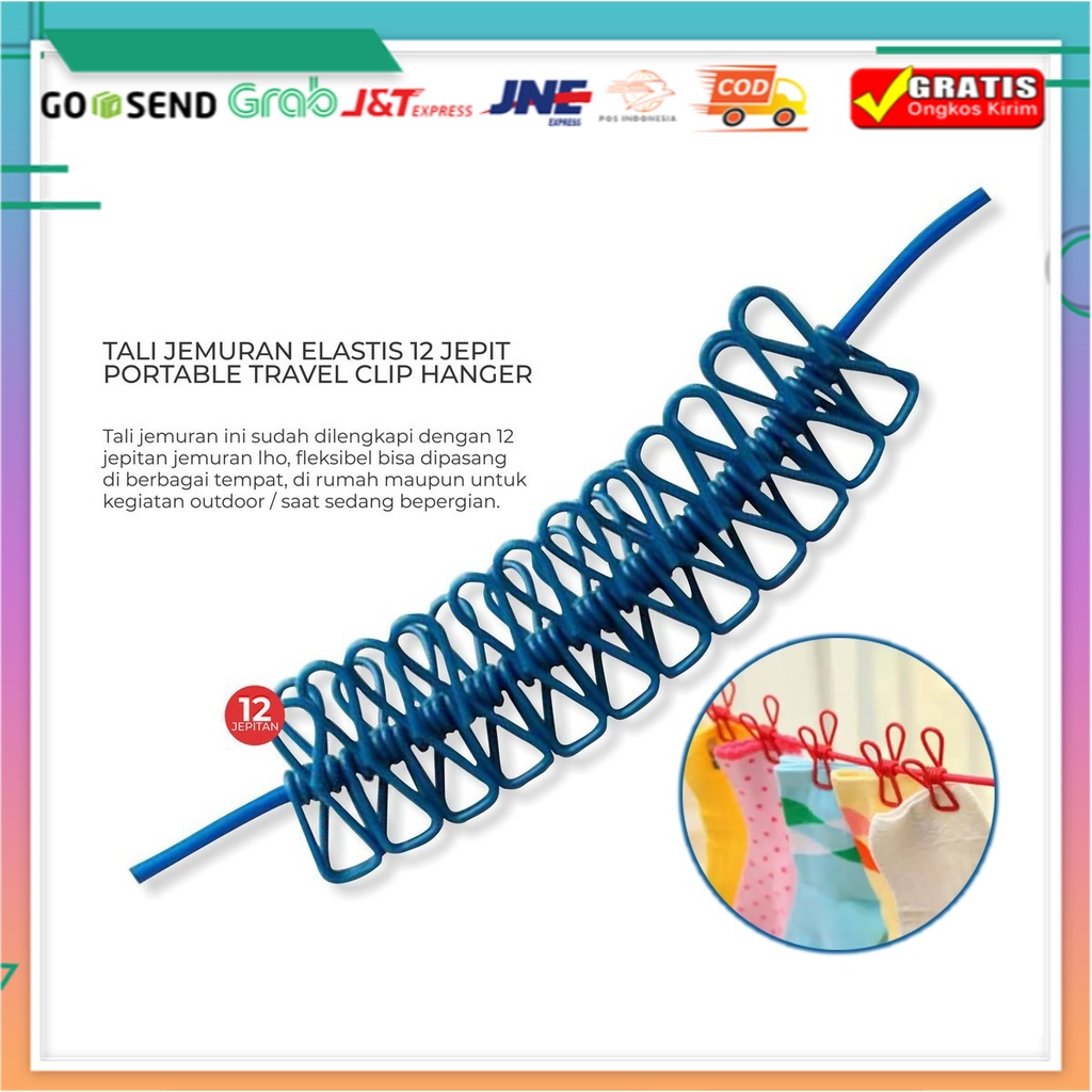 Jual Tali Jepitan Jemuran Pakaian 12 Jepit Portable Bahan Kawat Besi ...