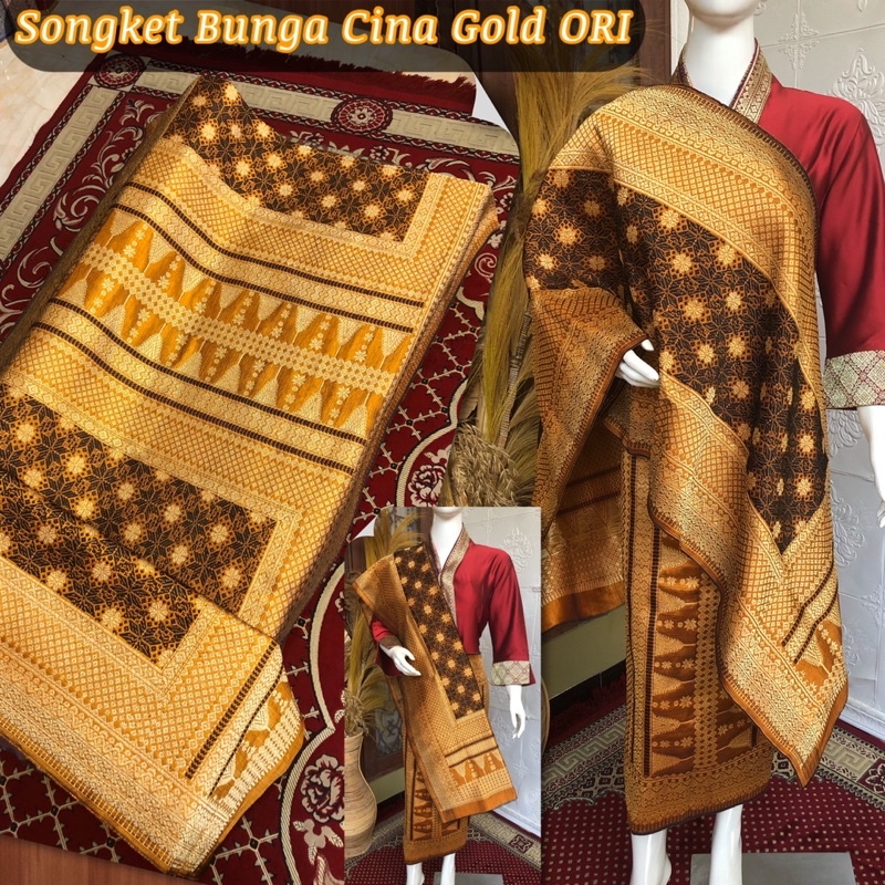 Jual Songket Bunga Cina Gold/ Mustard/ Songket Tenun Palembang asli Tenun Tangan. (ilham Songket ...