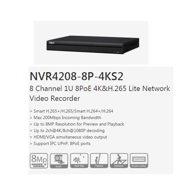Jual Dahua NVR 80 Mbps NVR4108HS-8P-4KS2 8 Channel 1U 8PoE 4K&H.265 Lite Network Video Recorder ...