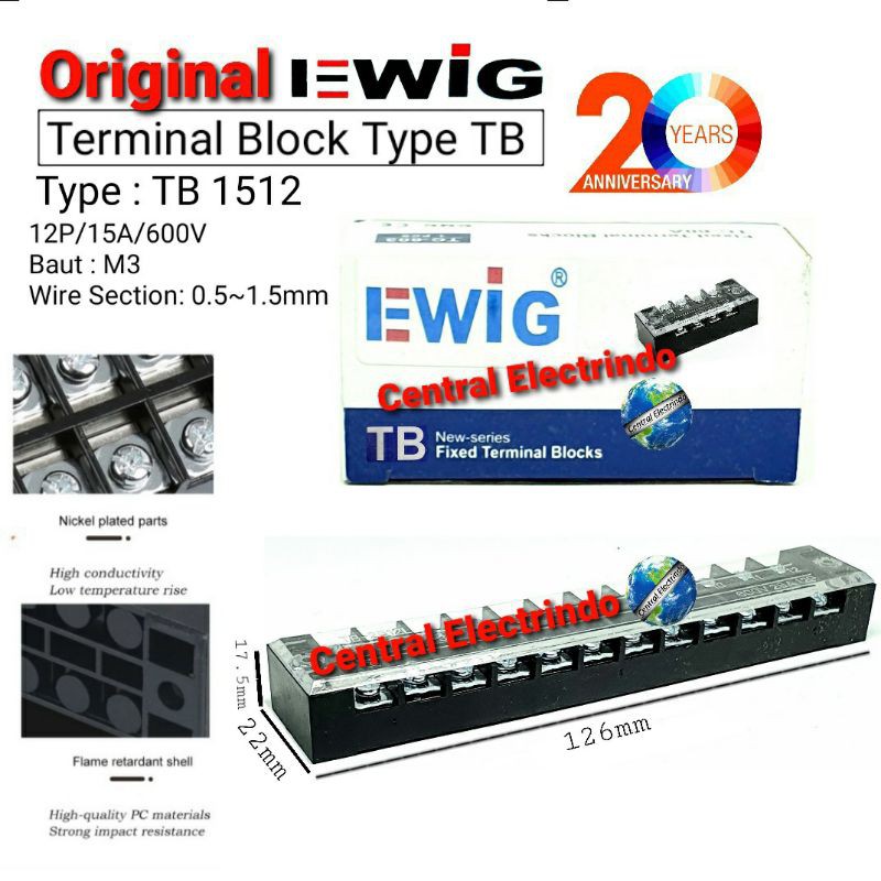 Jual Terminal Block Blok 15A 12P (TB 1512) EWIG. | Shopee Indonesia