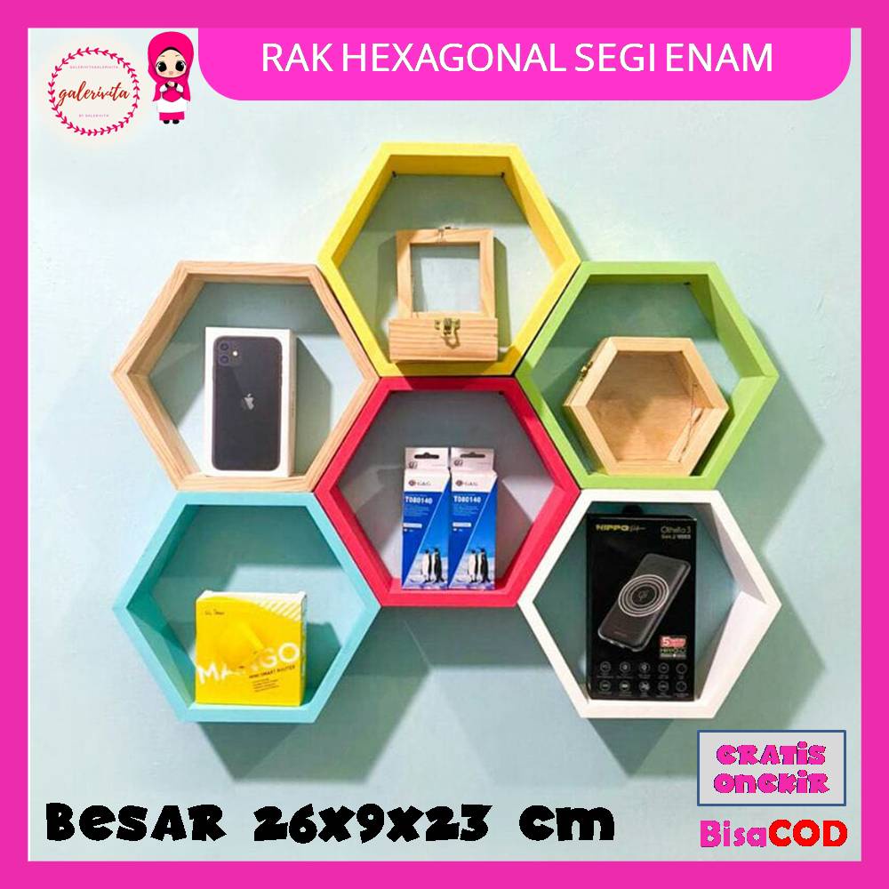 Jual Rak Hexagonal Segi Enam Satu Set Isi 3 Rak Hiasan Dinding 3in1