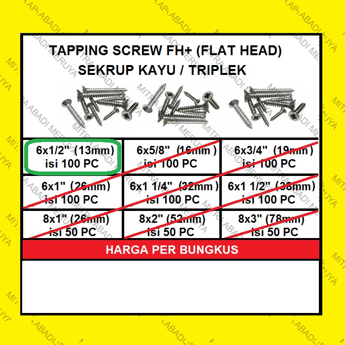 Jual Sekrup Kayu Sekrup Tapping Screw FH 6 x 1/2" (12.7 mm) | Shopee ...