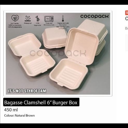 Jual Produk Terbaru Bagasse Clamshell 6 Inch Burger Box 450Ml Natural ...