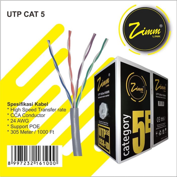 Jual Kabel LAN UTP Cat5 Indoor CCA ZIMMLINK 1 Roll 305 Meter | Shopee ...
