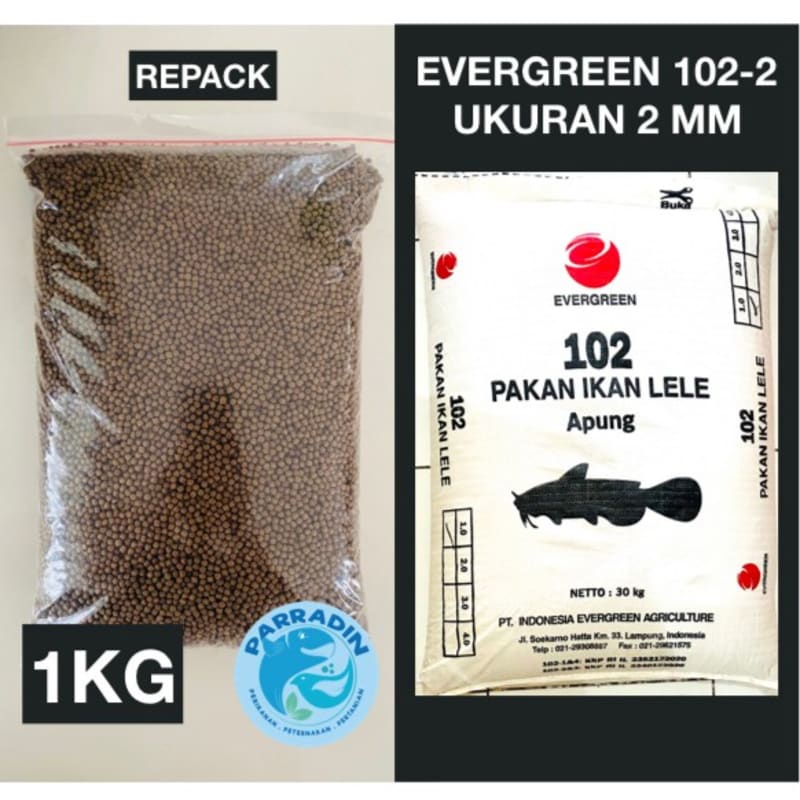 Jual PAKAN IKAN LELE APUNG EVERGREEN 102-2 Repack 1KG Ukuran 2MM ...