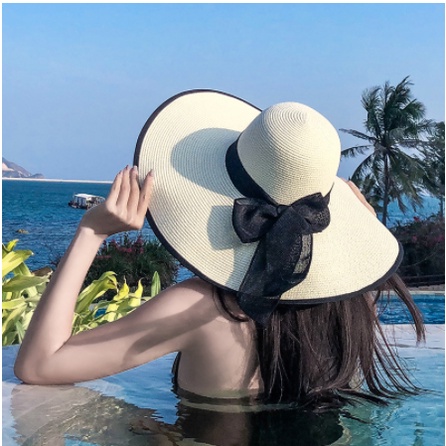 Jual Topi Pantai Fiona Pita hitam Lis hitam Lebar Dewasa | Shopee Indonesia