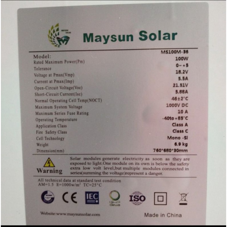 Jual Solar Panel/ Panel Surya merk Maysun 100wp Mono | Shopee Indonesia
