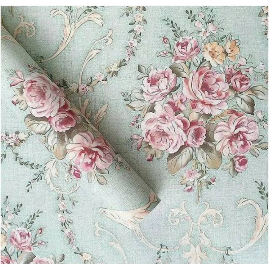 Jual WALLPAPER DINDING Walpaper ukuran 45 cm x 10 M Motif SHABBY TOSCA Shaby Bunga Hijau Toska ...