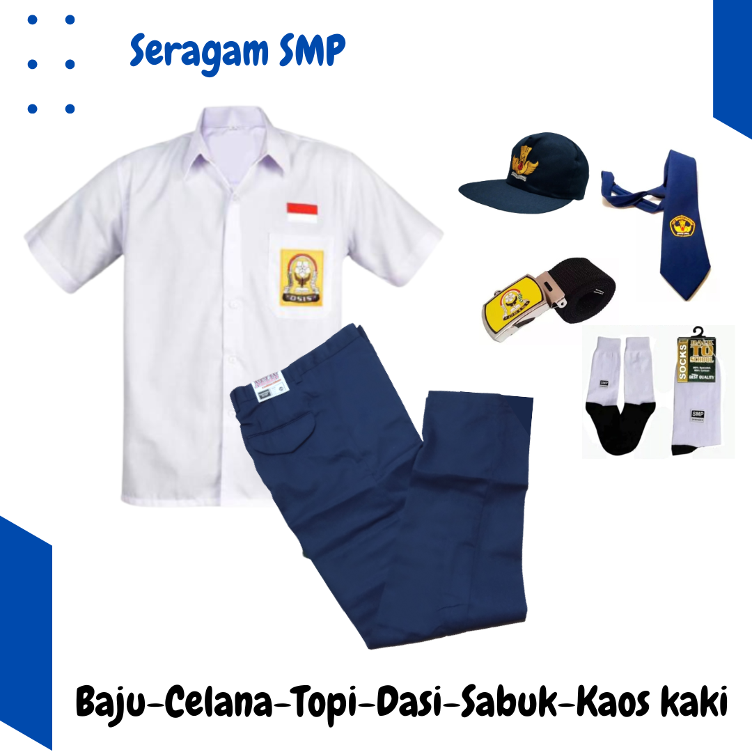 Jual Setelan Seragam SMP Putih Biru Lengkap Aksesoris Katun Oxford ...