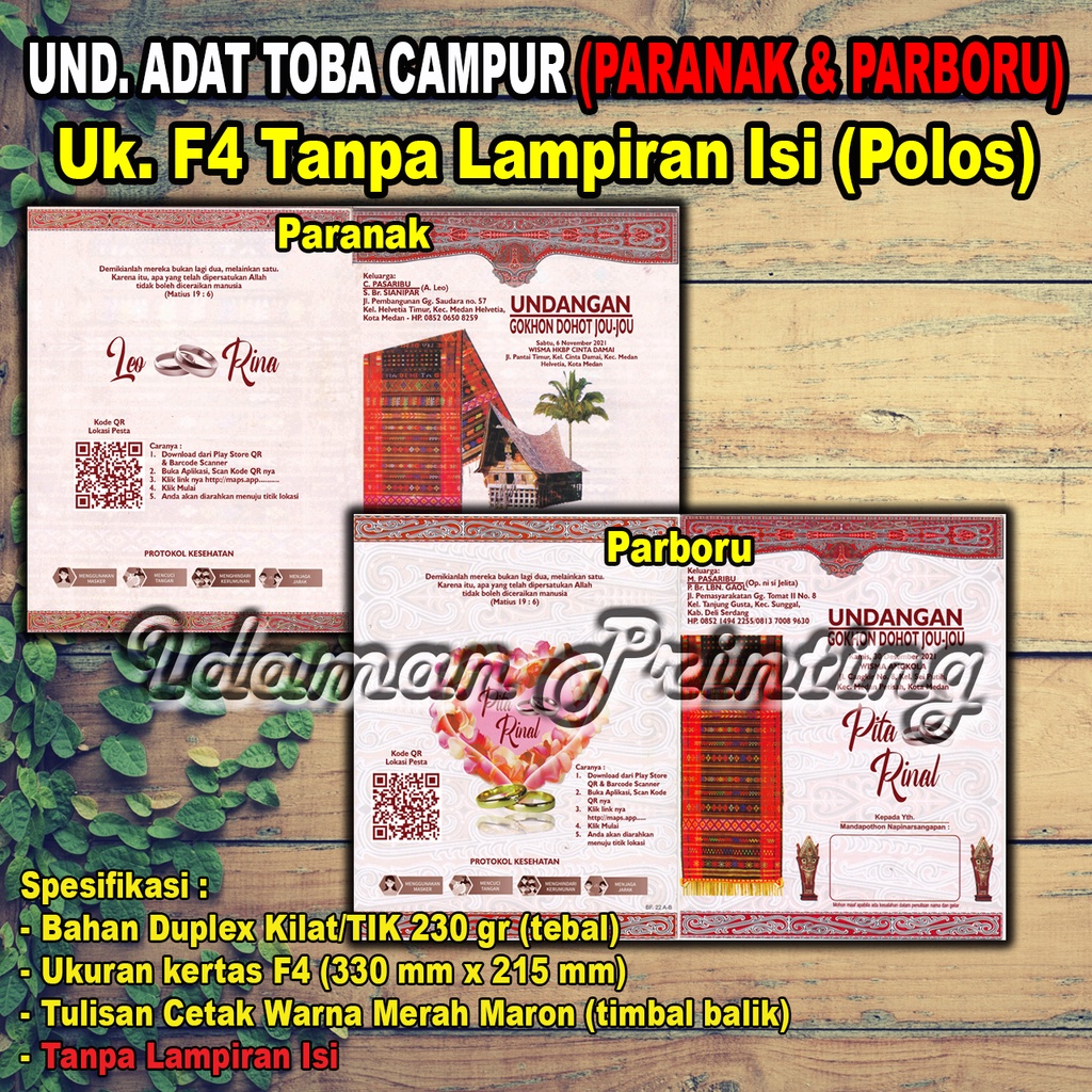 Jual Undangan Blangko Adat Toba Campur (Baranak + Parboru) Ukuran F4 ...
