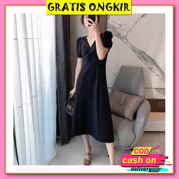 Jual Midi Dress Wanita Hitam Polos Formal Kerja Kantor Pesta Wedding ...