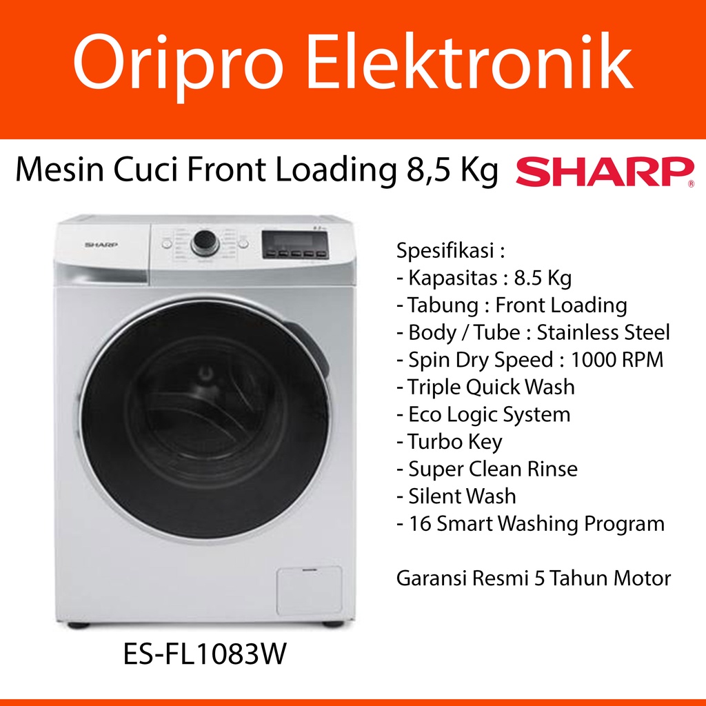 Jual Mesin Cuci Front Loading 8,5 Kg Sharp Silver Series ES-FL1083W ...