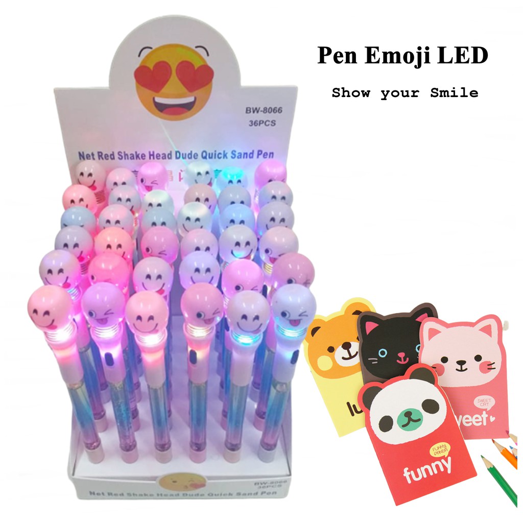 Jual Pulpen Emoji LED dan Non LED Gliter Pena Pulpen Karakter Emotion ...