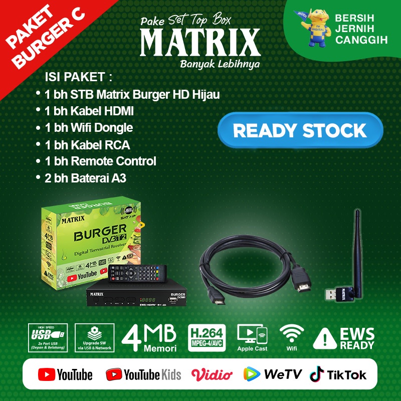 Jual SET TOP BOX DVBT2 RECEIVER MATRIX BURGER HIJAU HD + HDMI + WIFI ...