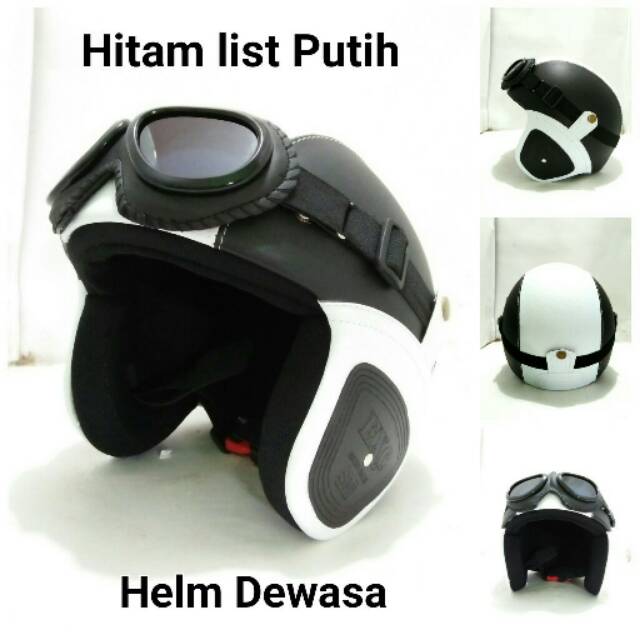 Jual Helm retro SNI hitam lis putih kacamata gendut | Shopee Indonesia