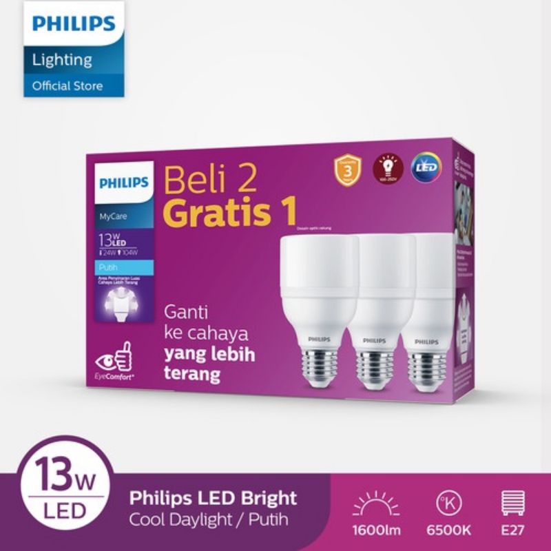 Jual Lampu bohlam LED Philips bright mycare multipack 13W,13 watt,13 W putih original | Shopee ...