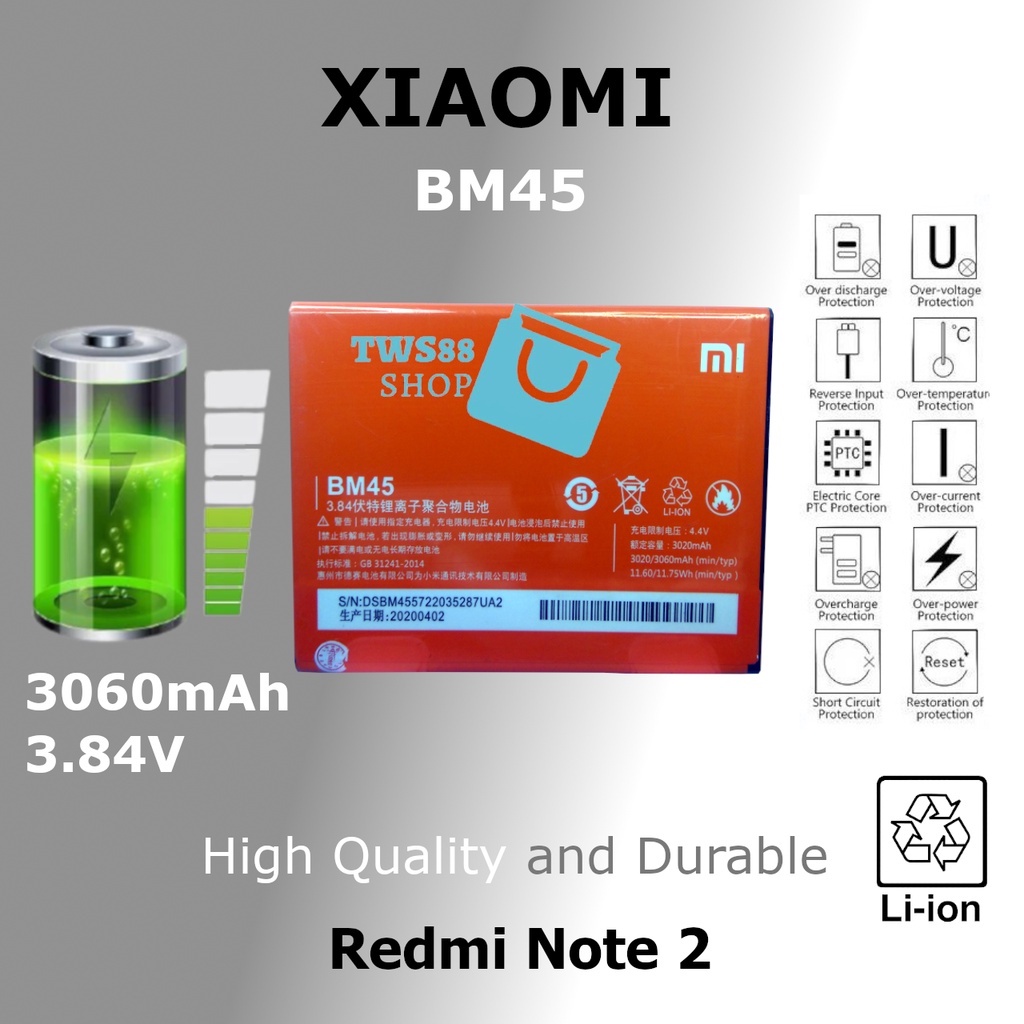 Jual (TWS) Baterai Batre Battery Original Xiaomi Redmi Note 2/ BM45 ...
