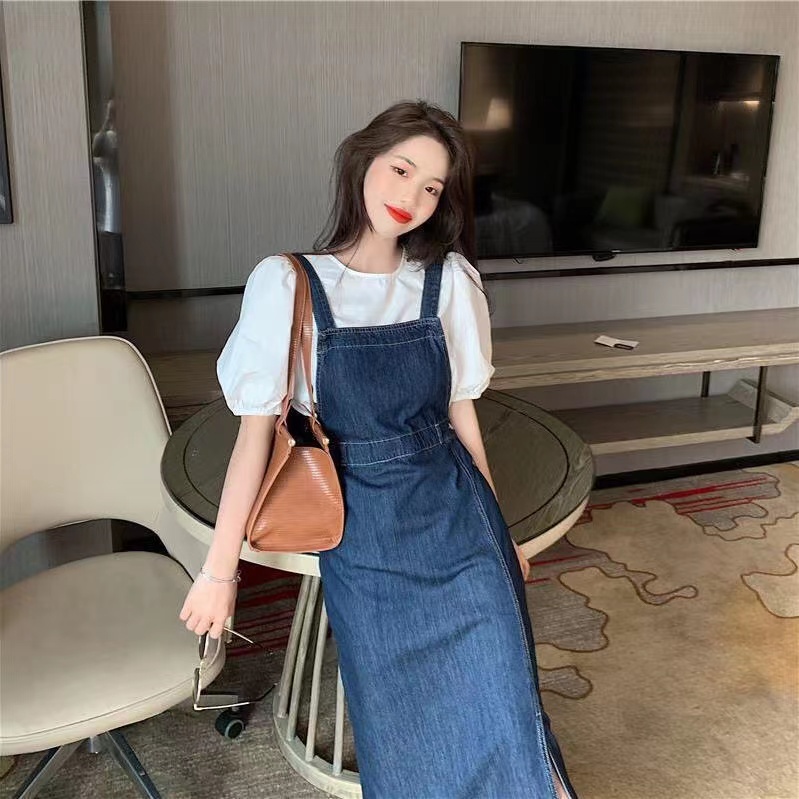 Jual 2022 atasan putih baru + setelan suspender denim gaun | Shopee ...
