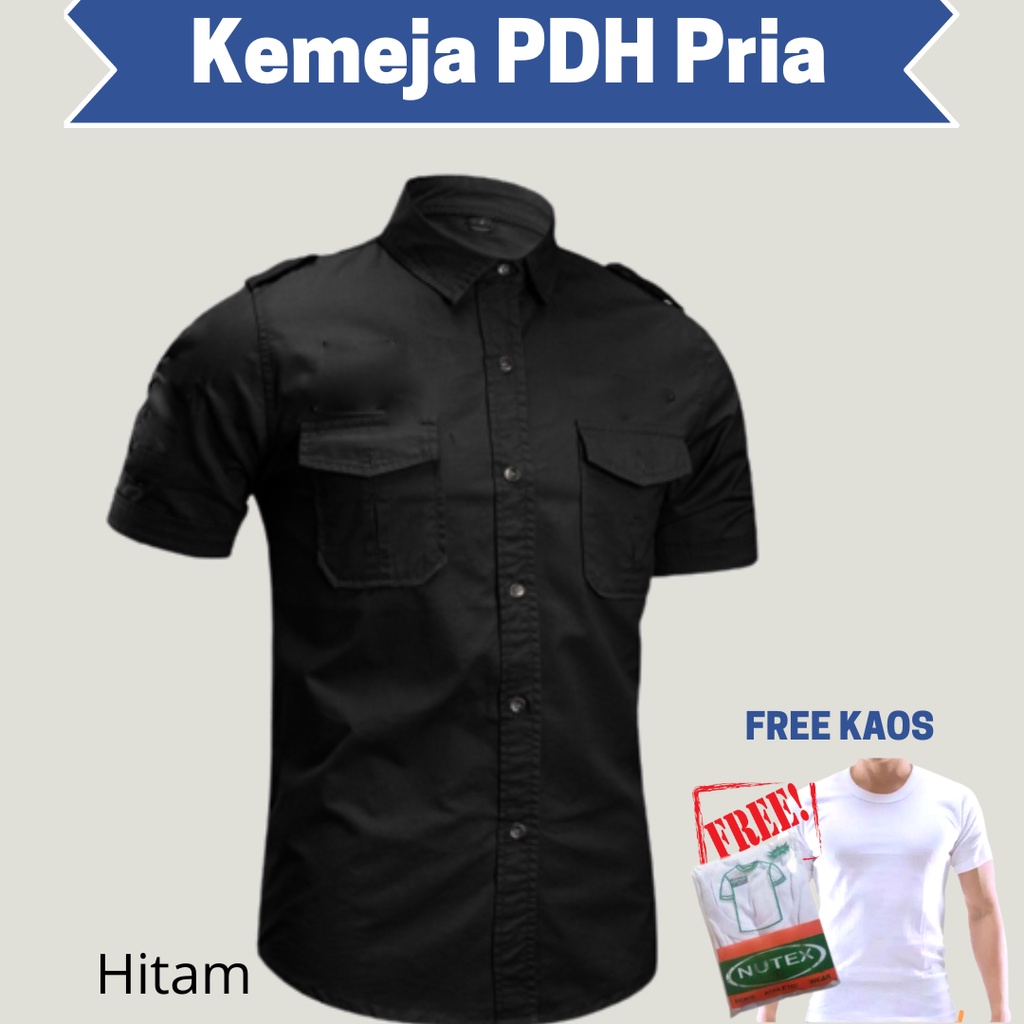 Jual FREE KAOS OBLONG - Baju Kemeja PDH Hitam Polos Pria Lengan Pendek ...
