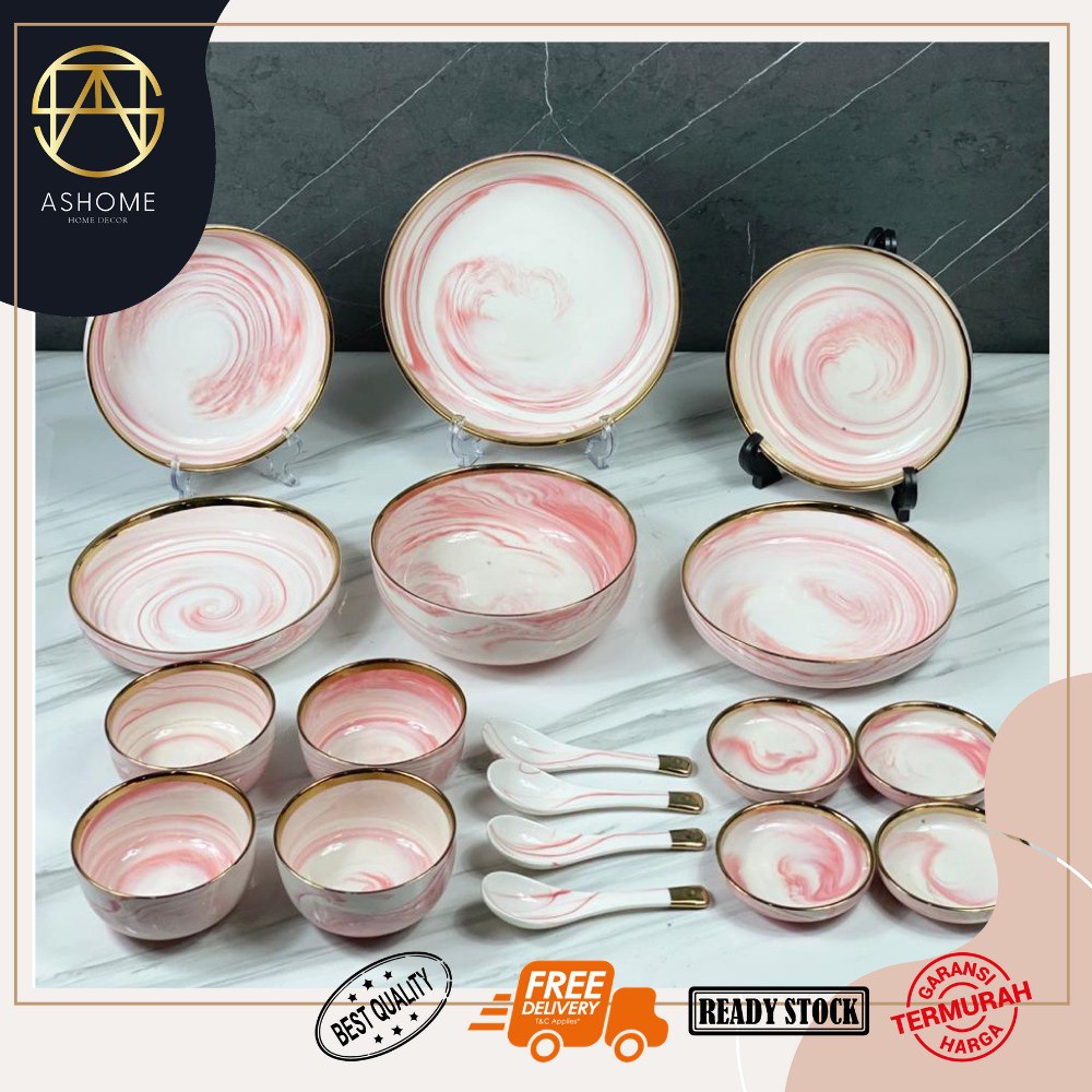 Jual ASHOME Piring Set 4 Orang Piring Makan Set Keramik Pink Marble Isi ...
