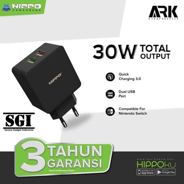 Jual Kepala Adaptor Charger Hippo ARK 2 Lobang USB Port Fast Charging 18W 2.4A Quick Charge ...