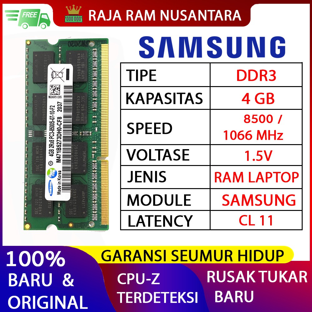 Jual RAM LAPTOP SAMSUNG DDR3 4GB PC 8500 / 1066 MHz ORI RAM SODIMM 1.5v ...