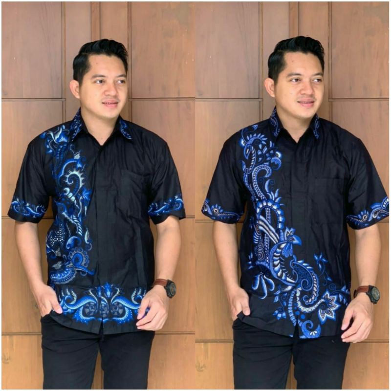 Jual Batik pria lengan pendek dasar hitam kemeja batik kerja seragam ...