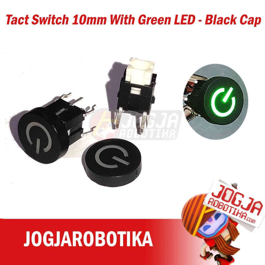 Jual Tact Switch 10mm dengan LED Illuminated Lampu Hijau-Cap Hitam TACT ...