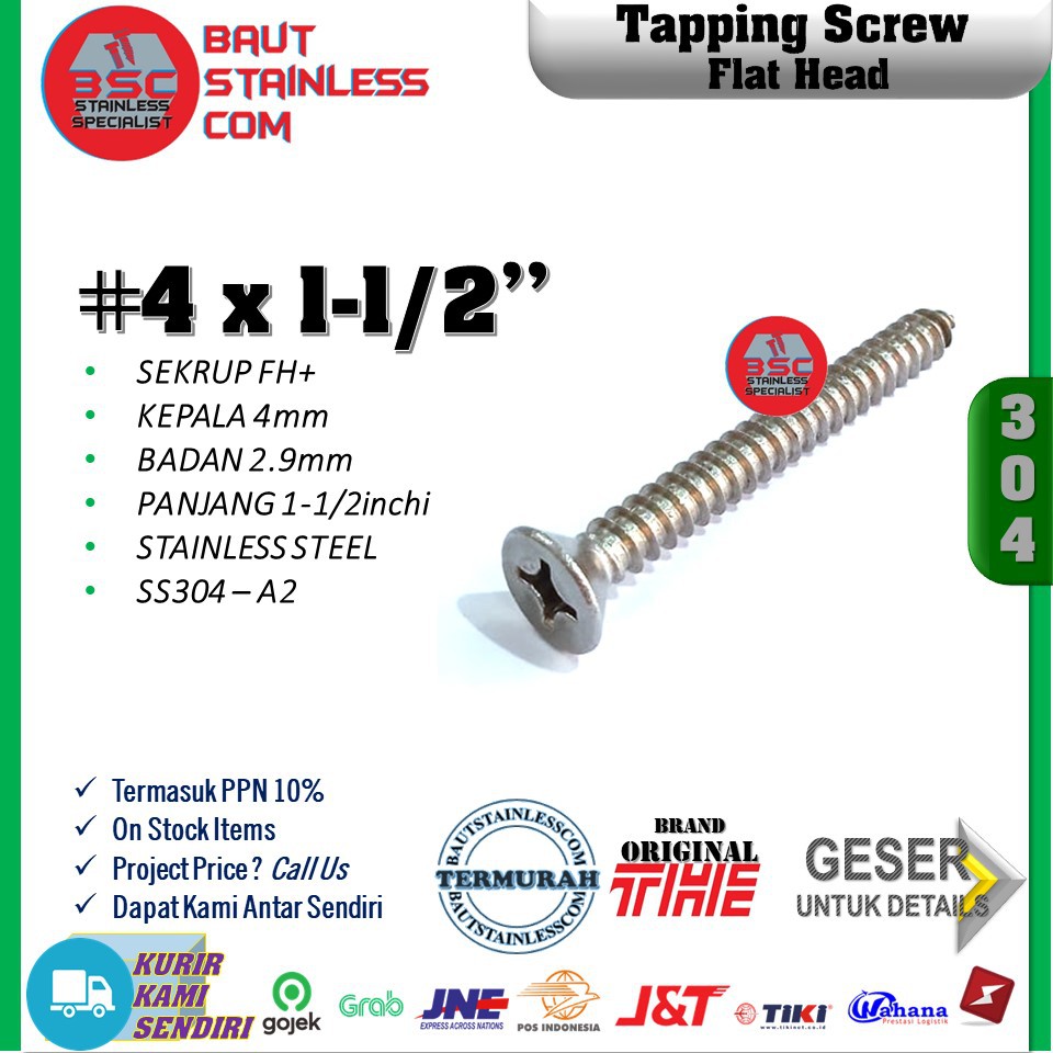 Jual TAPING SCREW SEKRUP FAB OBENG+ FLAT HEAD FH+ STAINLESS SS304 #4X1 ...