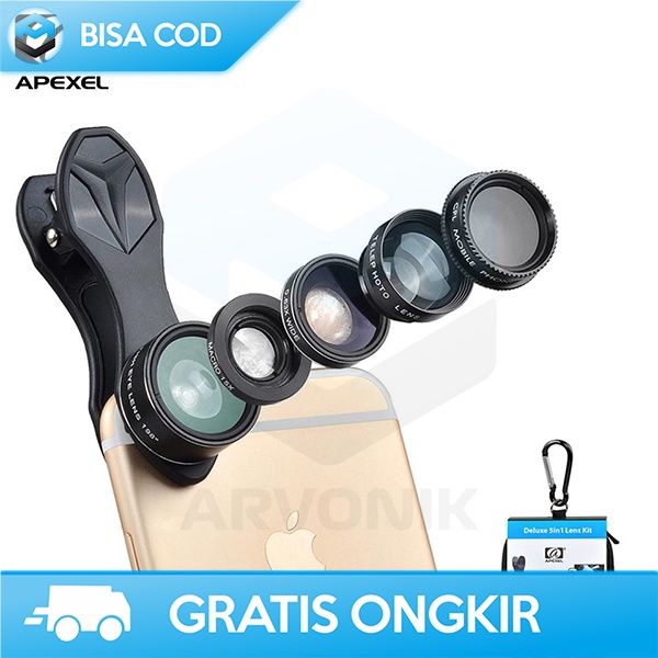 Jual LENSA SMARTPHONE MACRO 5 IN 1 APEXEL TELEPHOTO CPL FISH EYE ANGLE ...