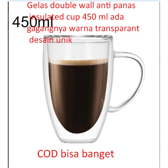 Jual Gelas double wall anti panas insulated cup 450 ml ada gagangnya warna transparant desain ...
