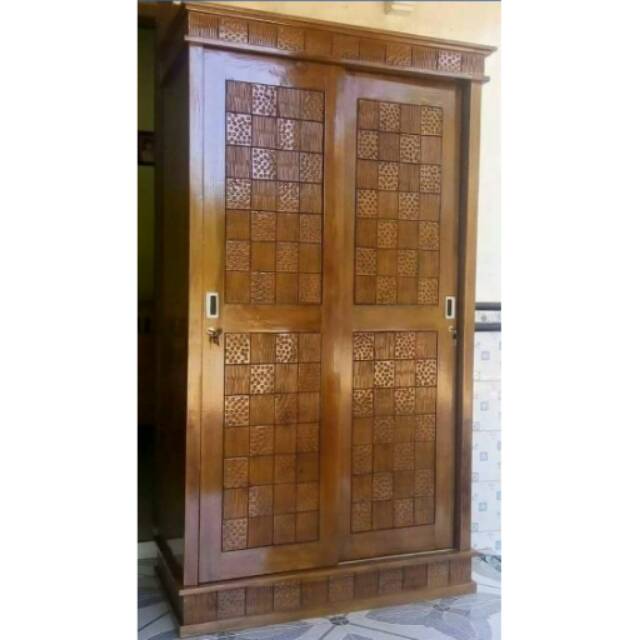 Jual Lemari pakaian minimalis kayu jati jepara terbaru model 2024 2 pintu sliding | Shopee Indonesia