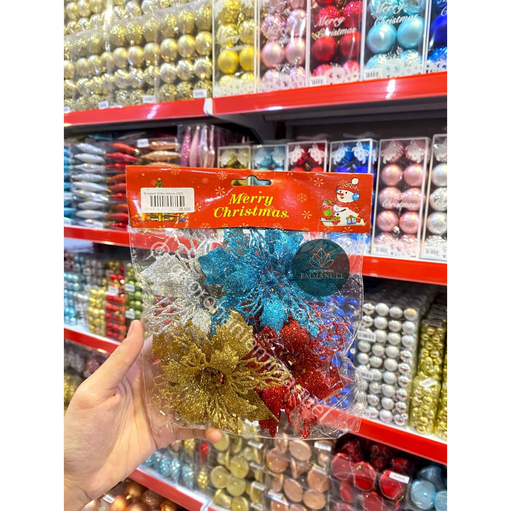Jual Bunga Natal Glitter Warna isi 4 / Hiasan Natal | Shopee Indonesia