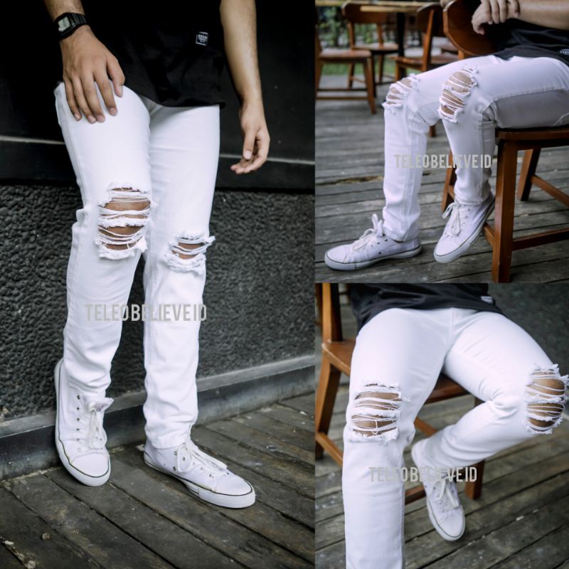 Jual Celana Jeans Putih Pria Sobek Lutut Ripped jeans putih jeans sobek ...