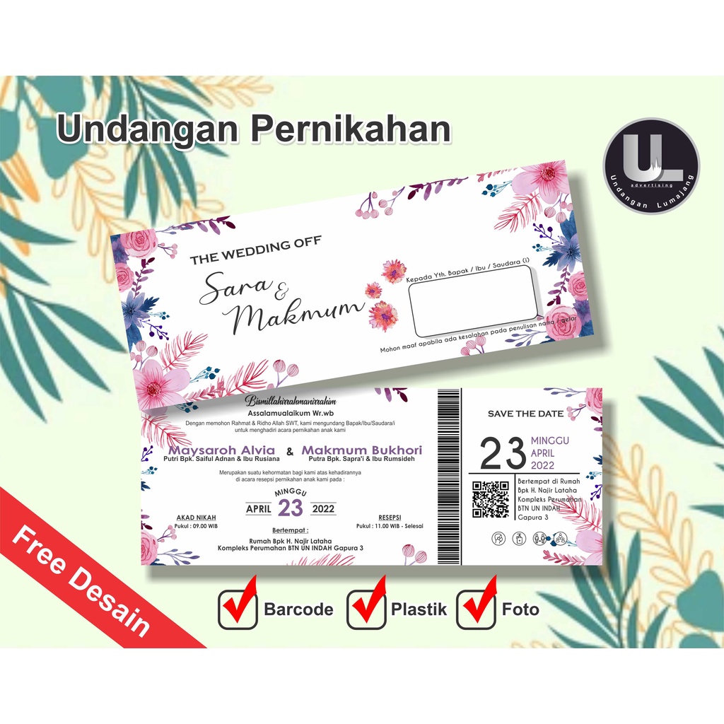 Jual Undangan Nikah Tiket 1 Lembar timbal balik L_5 | Shopee Indonesia