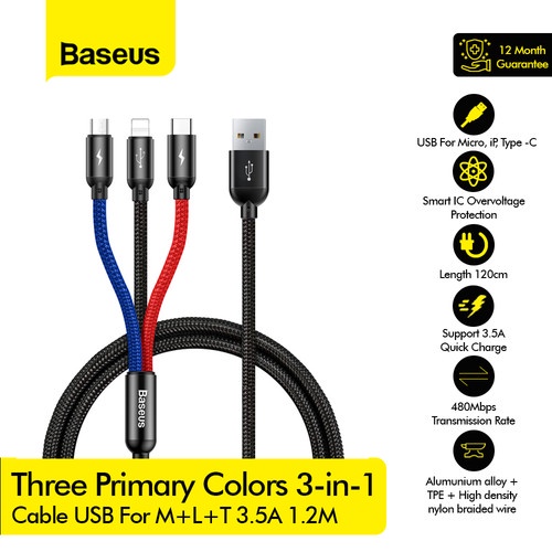 Jual BASEUS Kabel Data Three Primary Colors 3-in-1 Cable USB 3.5A 30cm ...