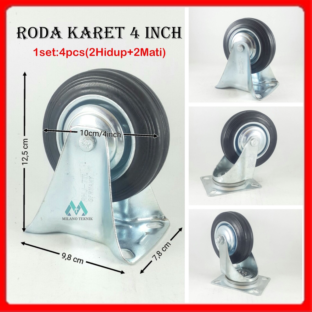 Jual Roda Troli 4" Hidup Mati (2H+2M) Roda Karet 4 inch Roda Etalase ...