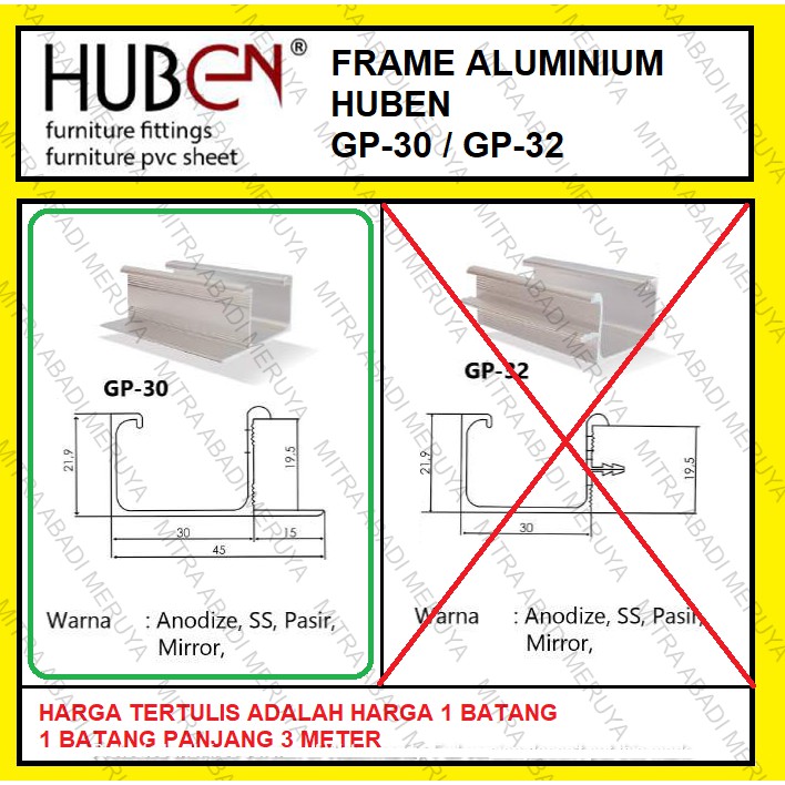 Jual Profil Frame Handle Alumunium Aluminium HUBEN GP 30 GP30 GP-30 ...