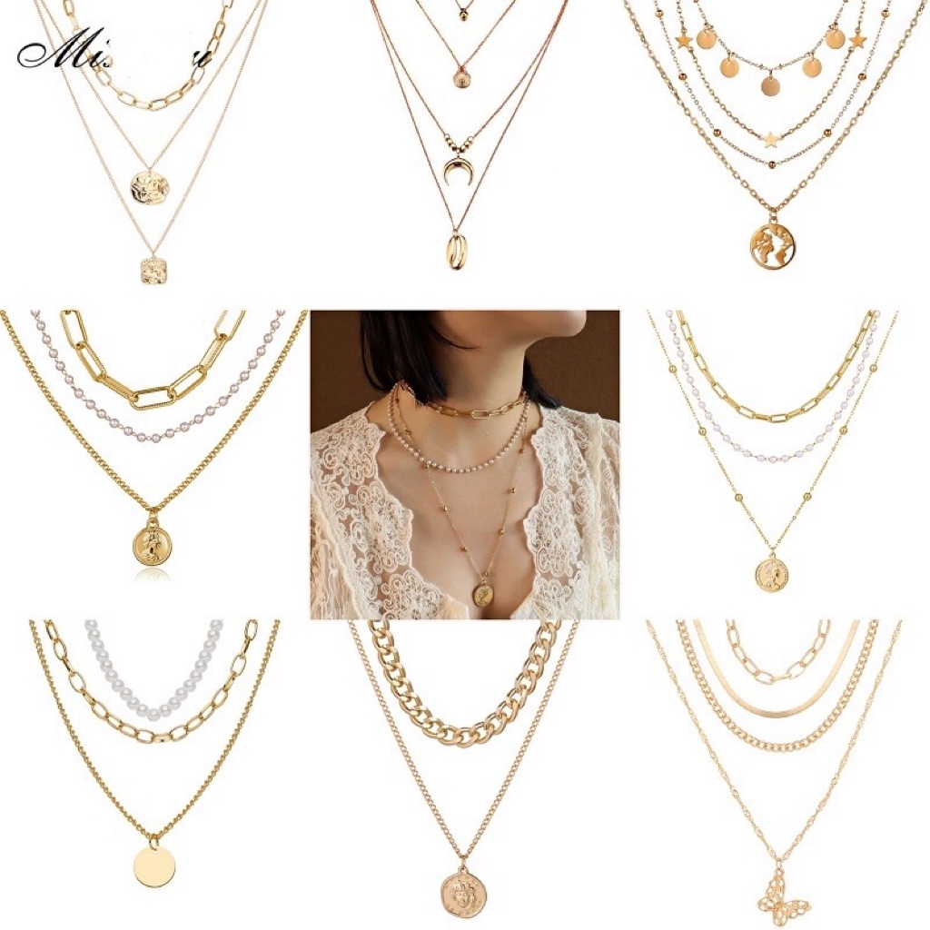 Jual Kalung Rantai Multilayer Warna Gold Silver Gaya Korea Retro Untuk ...