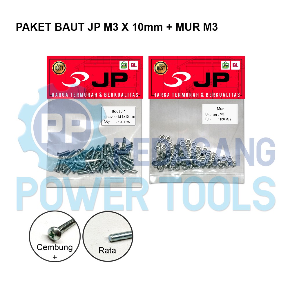 Jual PAKET 2 SET BAUT MUR 3x10 BAUT JP M 3 x 10 MM MUR M3 SKRUP ISI 100 PCS | Shopee Indonesia