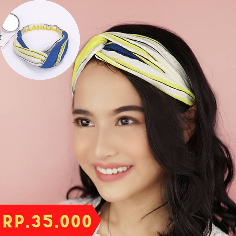 Jual Bandana Korea Elastis Model simpul Motif garis silang warna ...
