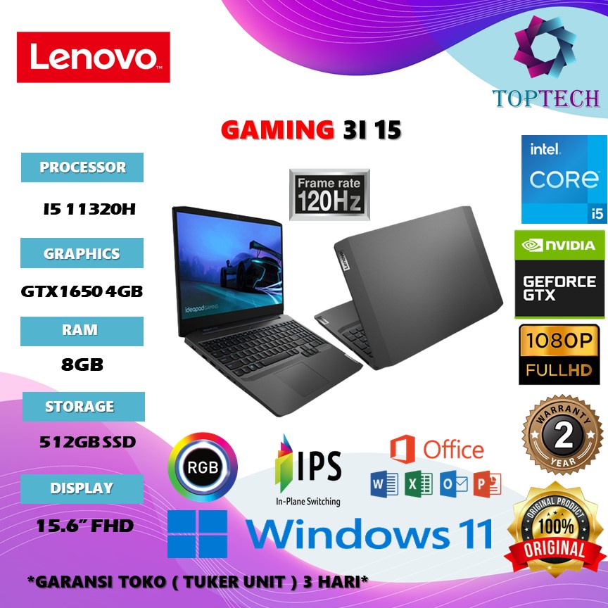 Jual LENOVO GAMING 3i 15 - I5 11320H GTX1650 4GB RAM 8GB 512GB SSD W11+OHS 15.6FHD IPS 120HZ ...
