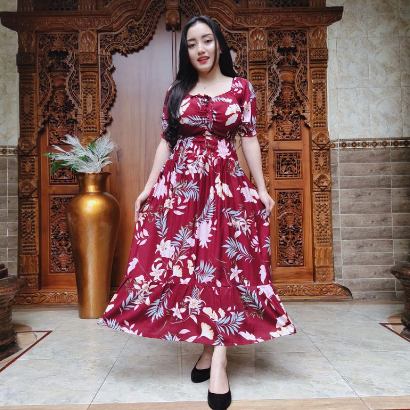 Jual Dress Daster Panjang Cassandra Motif Bunga Coconut Lengan Pendek ...