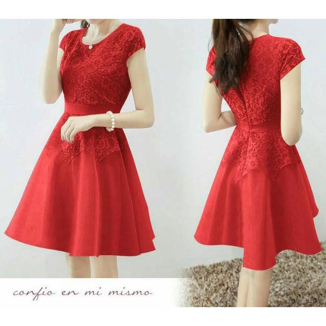 Jual Dress Midi Gaun Brukat Lace Satin Polos Merah Bagus Imlek Cantik ...
