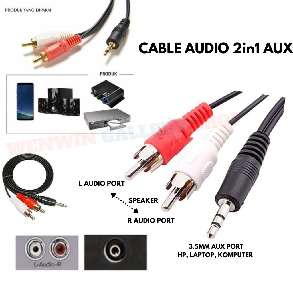 Jual Kabel AUX Audio 2in1 Jack Audio 3.5MM RCA Male Konektor Untuk HP Komputer ke Speaker ...