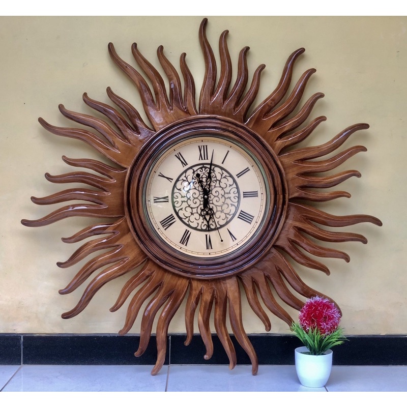 Jual jam kayu jati motif matahari diameter 1Meter | Shopee Indonesia