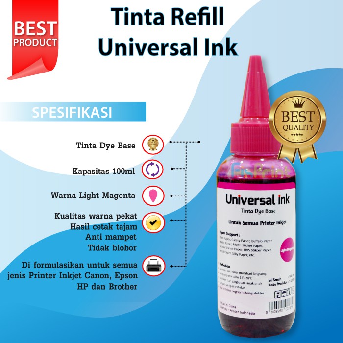 Jual Tinta Universal Ink Light Magenta 100ml Dye Base Tutup Model ...