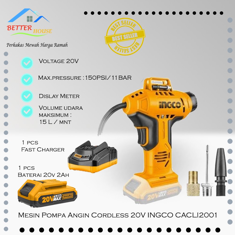 Jual Pompa angin Pompa Ban Kompressor Cordless 20V INGCO CACLI2001 2ah ...