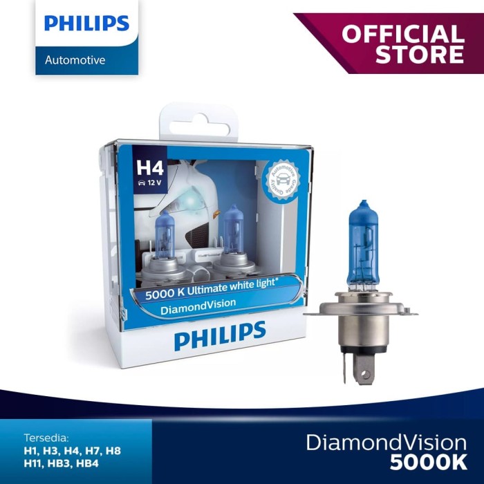 Jual Philips Diamond Vision 5000K H4 Bohlam Lampu Mobil Warna Putih ...