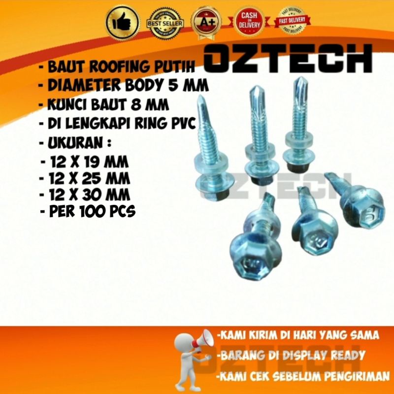 Jual baut roofing putih M5 / sds M5 100pc body 5mm kepala baut 8mm ...